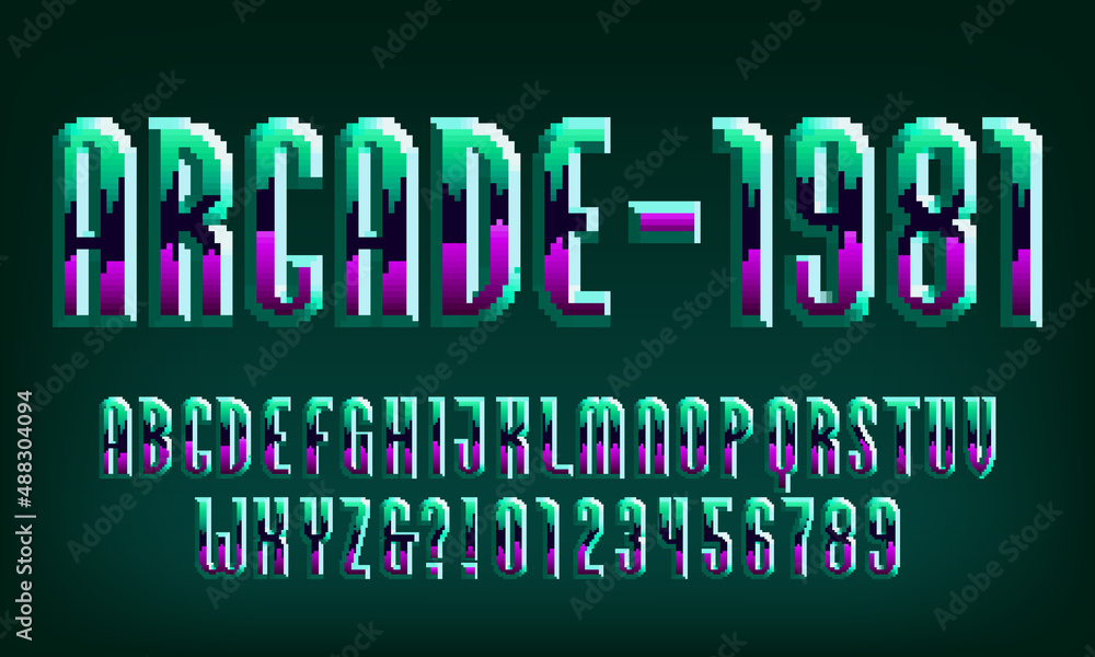 Arcade-1981 alphabet font. Pixel digital gradient letters and numbers ...