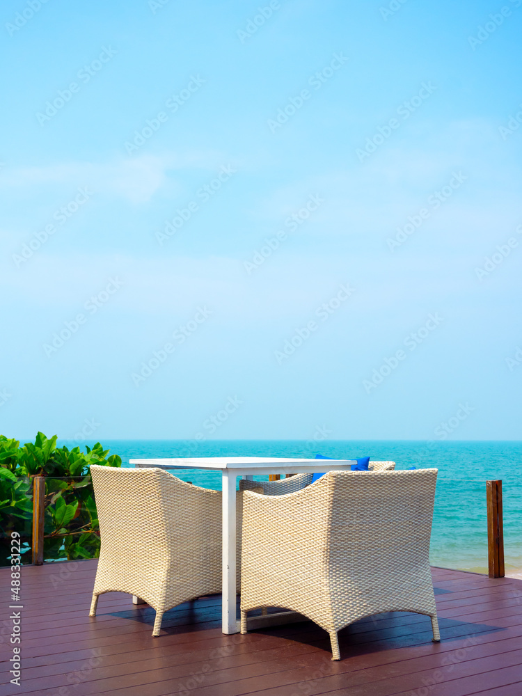 Empty modern white rattan furniture, outdoor garden weave table set ...