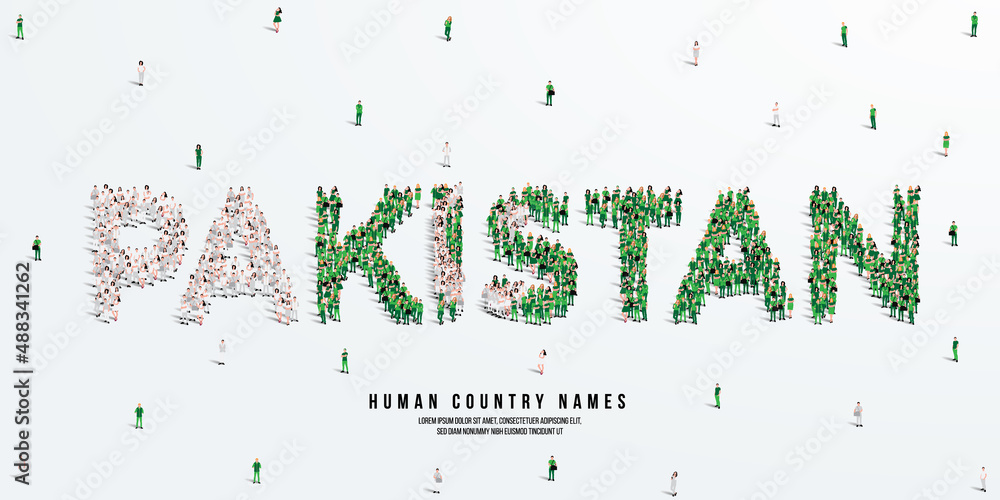 A large group of people stands, making up the word Pakistan. Pakistani ...
