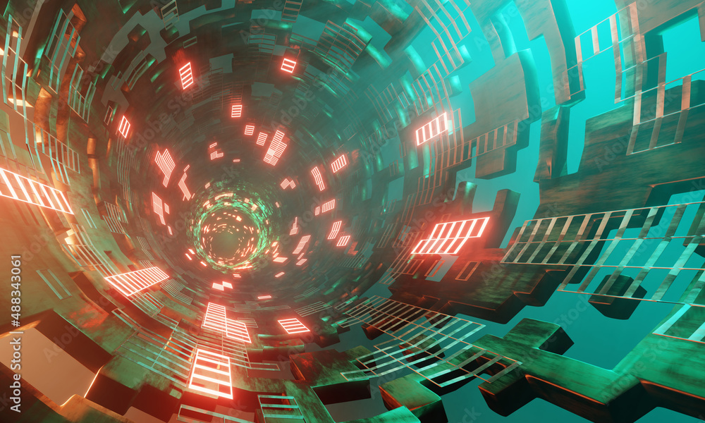 Camera flight through sci fi corridor with moving cubes and neon lights ...