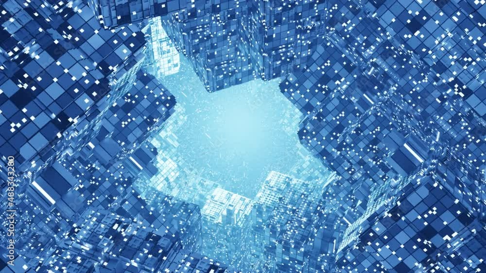 Camera flight through sci fi corridor with moving cubes and neon lights ...