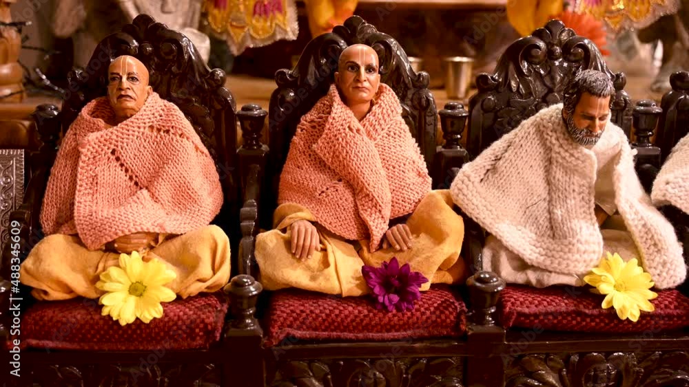 Altar in the Hare Krishna temple, close up. Deities. Home altar for ...