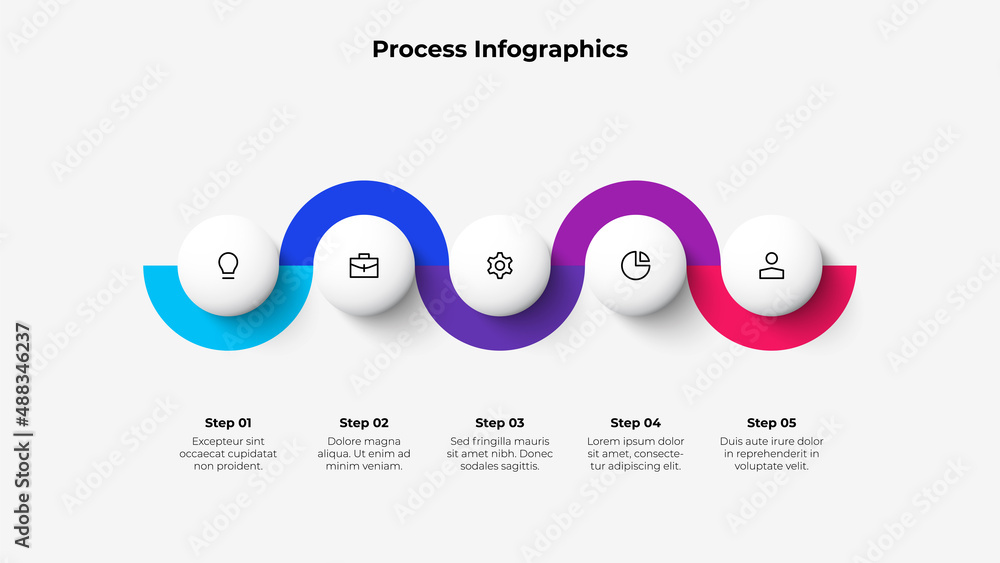 Five circles arranged in a horizontal row connected by a zigzag line. Concept of 5 steps of ...