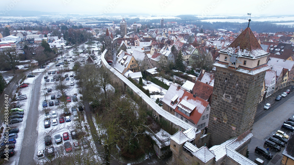 Aerial View: Rooftops with snow in Rothenburg ob der Tauber, Bavaria ...