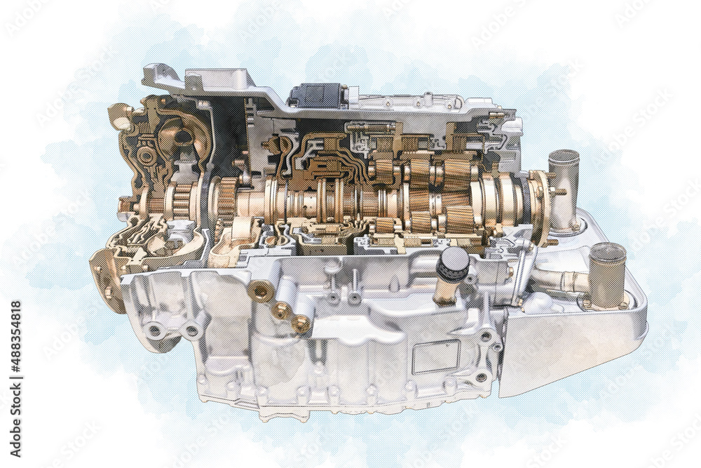 Modern car engine and gear box. Cross section Stock Illustration ...