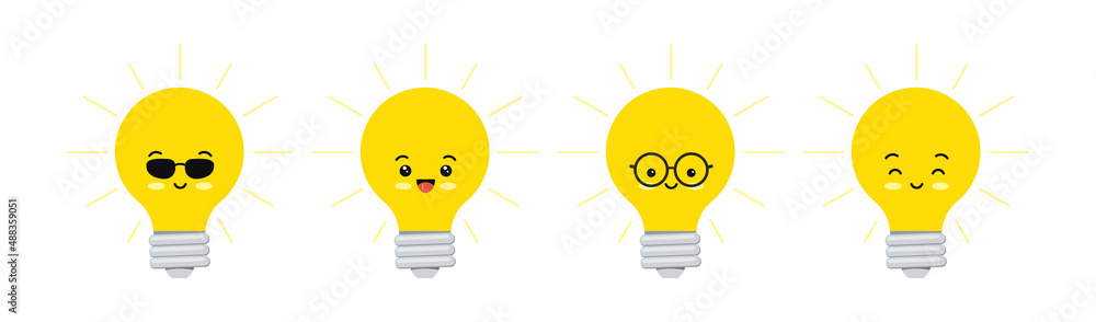 Cute light bulb smile funny character vector set. Flat design cartoon ...