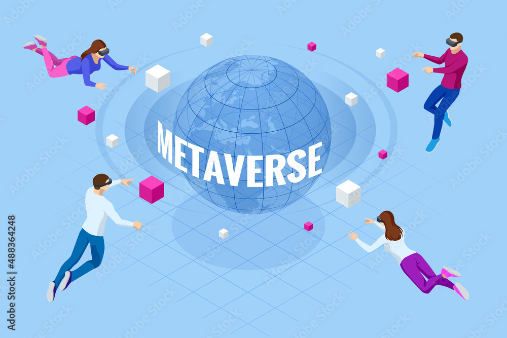 Isometric metaverse concept. Network of 3D virtual worlds focused on ...