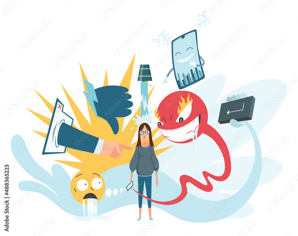 Cyberbullying concept insulting messages on smartphone screen. Girl ...