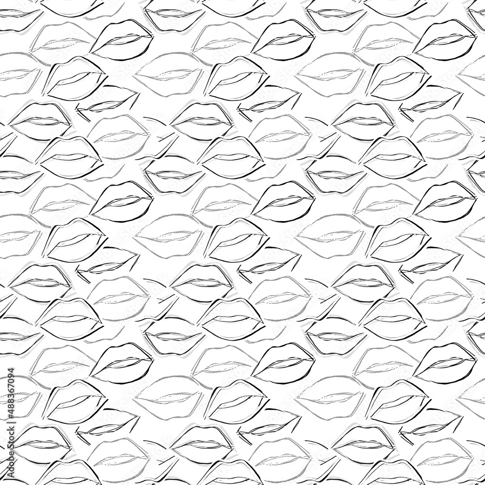 Black hand draw lips seamless pattern in engraved shape. Retro mouth on ...