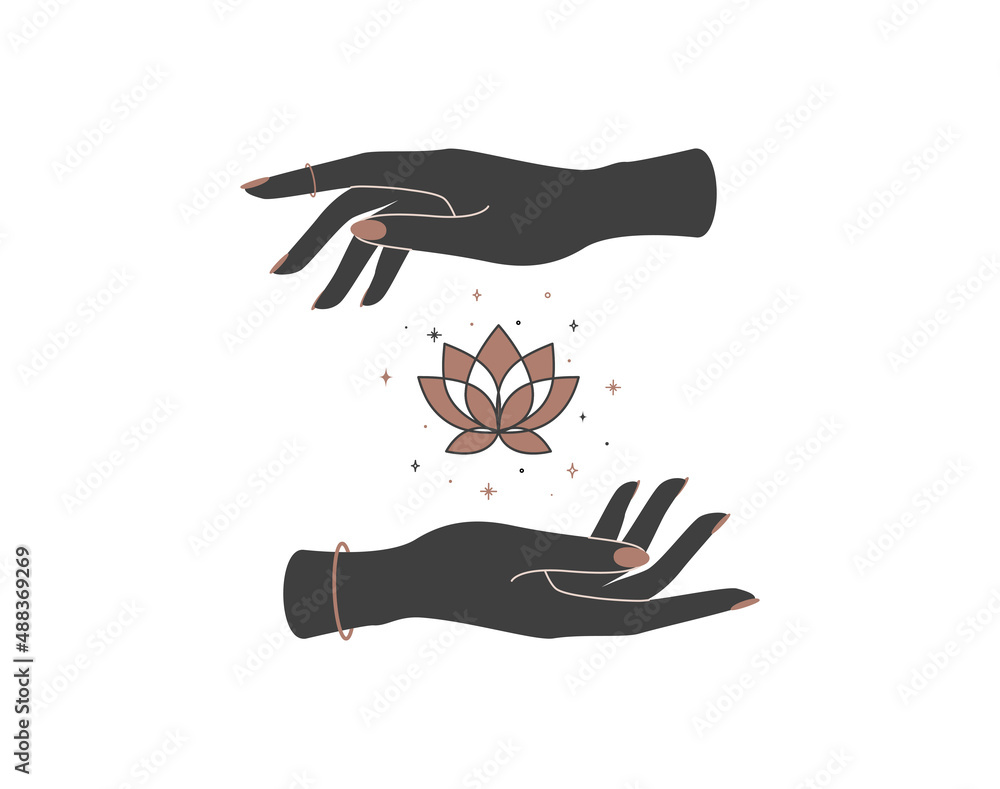 Celestial lotus flower between magic hands in trendy boho style. Black ...