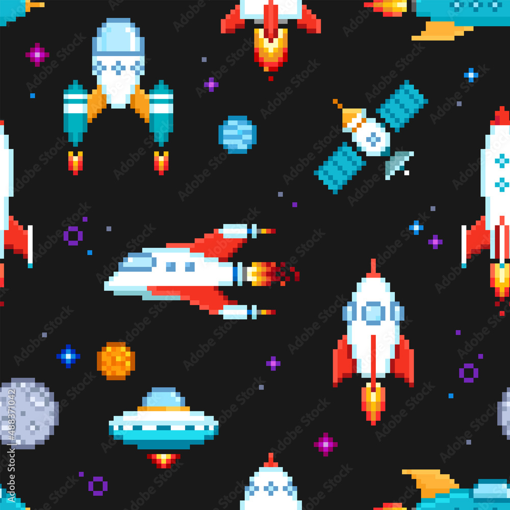 Cartoon Rockets and Spaceships - vector seamless pattern. Pixel Art ...