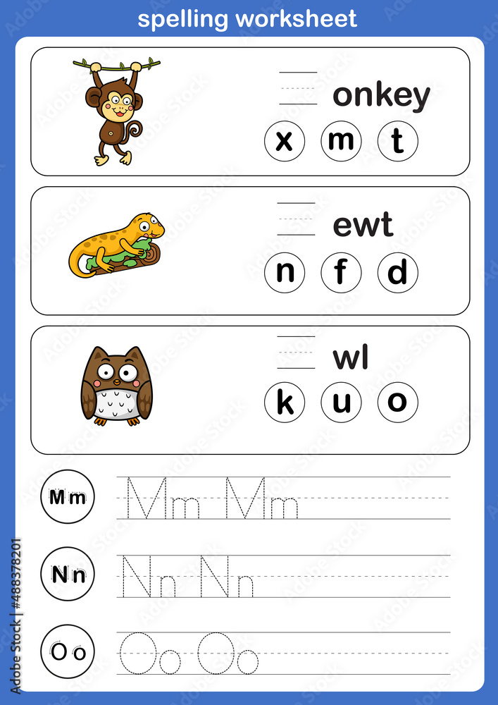 Spelling worksheet , exercise with cartoon vocabulary illustration ...