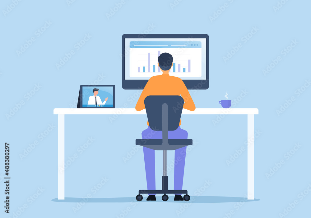 flat vector business man working on monitor computer and design concept ...