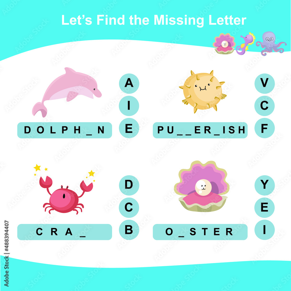 Find the missing letter worksheet. Preschool worksheet with sea animals ...