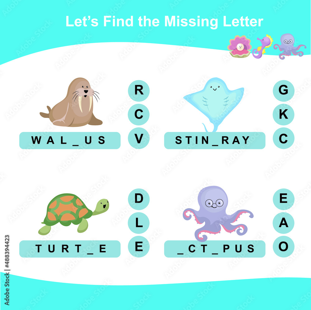 Find the missing letter worksheet. Preschool worksheet with sea animals ...