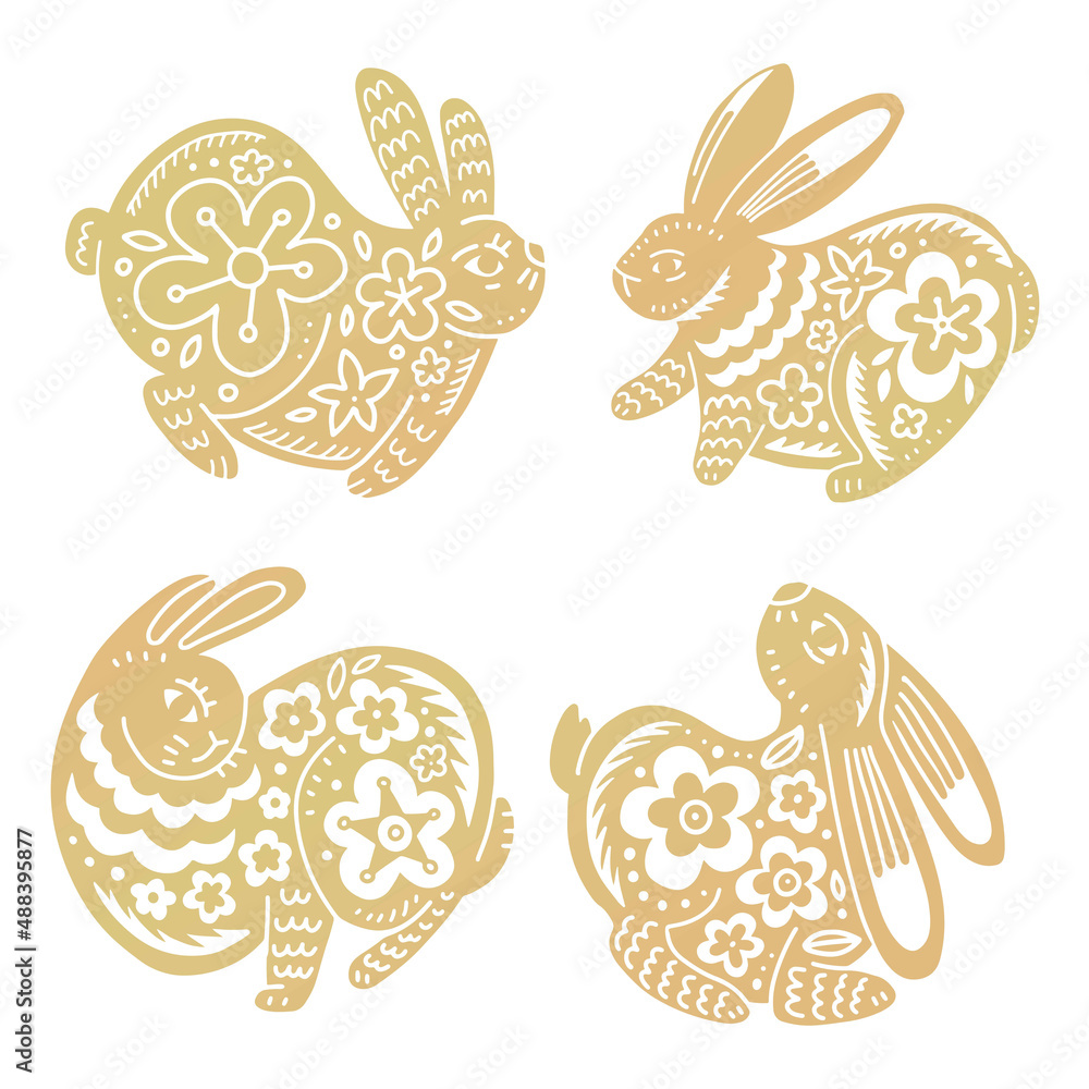 Set of Chinese rabbits. Collection of golden bunnies isolated on white ...