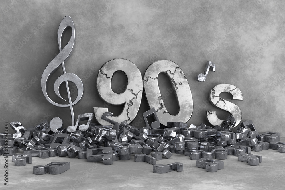 90's music background design. Treble clef and music notation. 3D ...