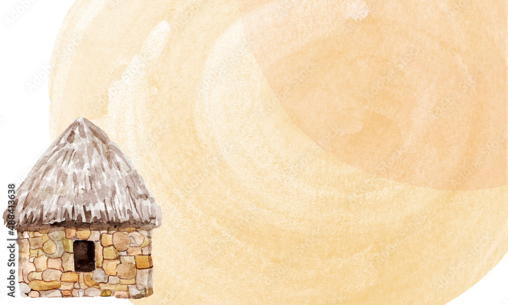 Stone original house with thatched roof watercolor background. Template ...