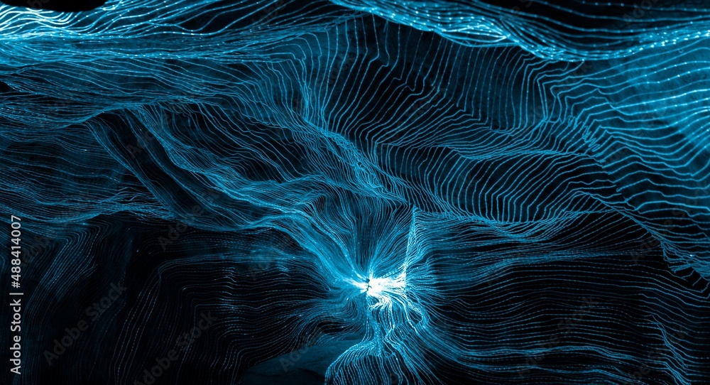 Abstract wave of digital weave lines connecting network dots and dark ...