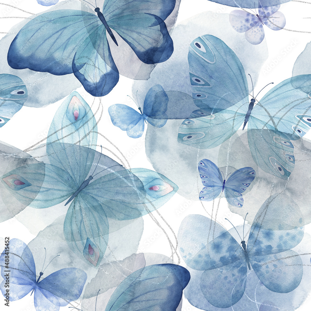 Abstract vintage print with blue butterflies, shapes and golden lines ...