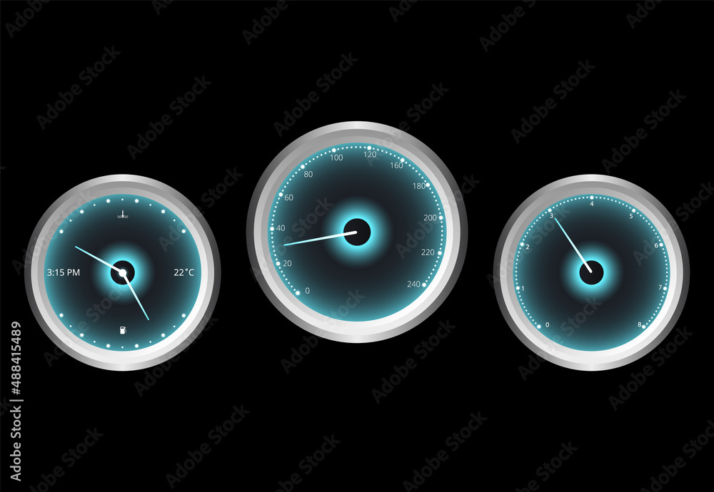 Realistic car dashboard speedometer and tachometer. Speed measure gauge ...