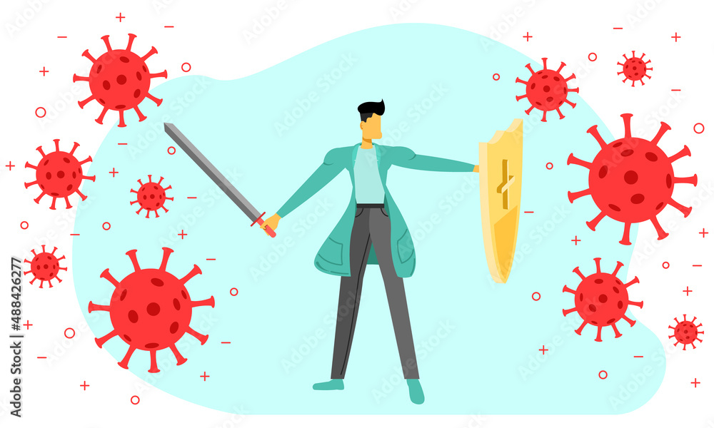 Heroic doctor fighting viruses flat vector illustration. Frontliner ...