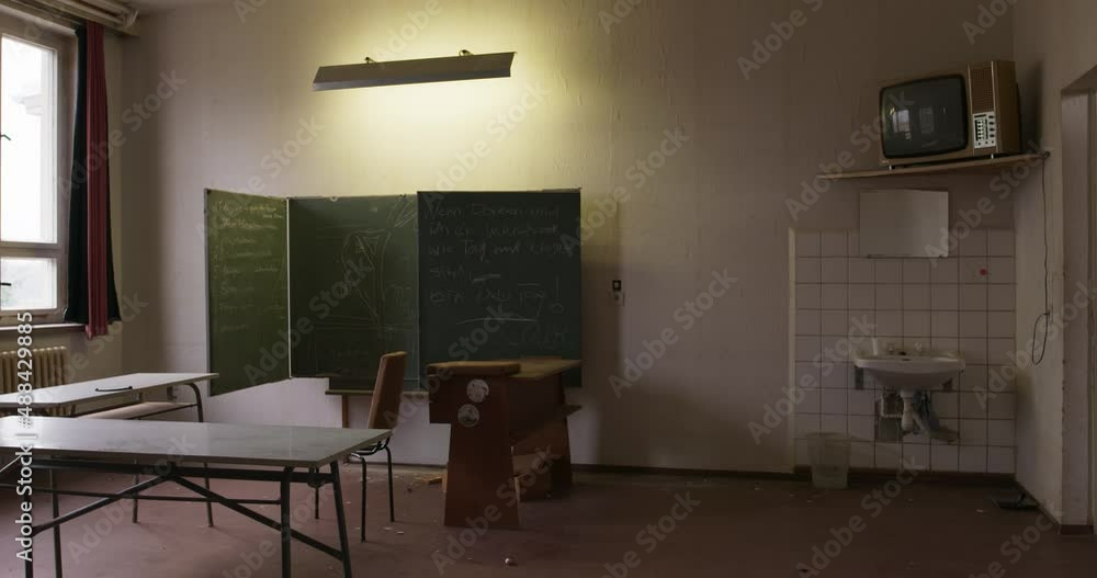 Still life of a classroom with the lights on above the blackboard. A ...