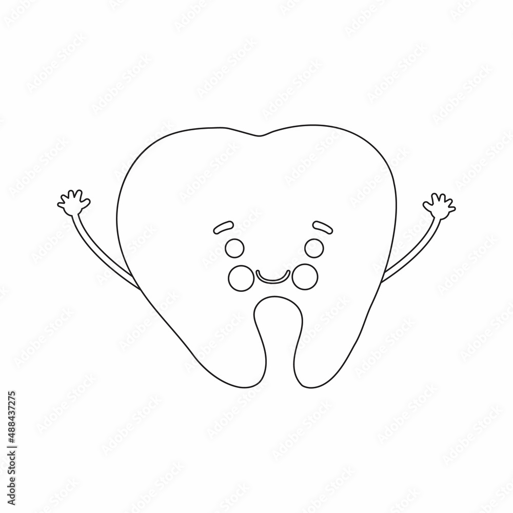 Cartoon tooth character. Vector black and white coloring page. Stock ...