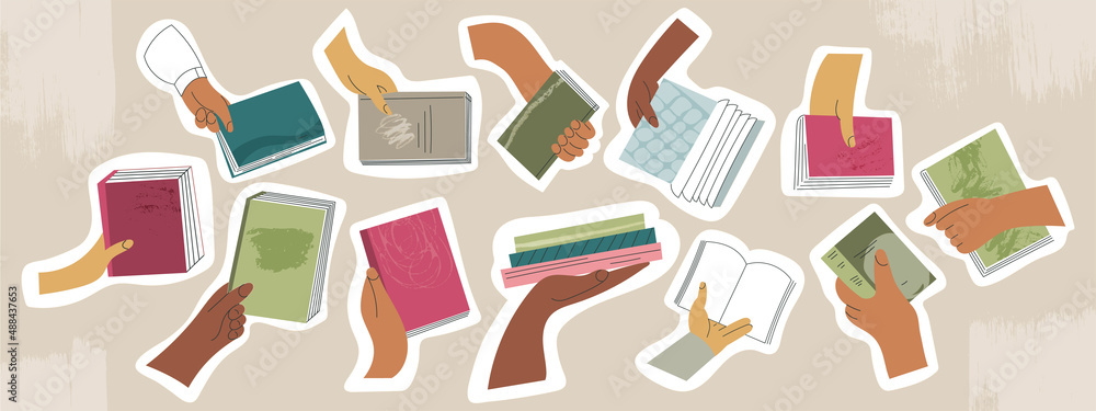 Book exchange concept or set of bookcrossing sticker hand isolated flat ...