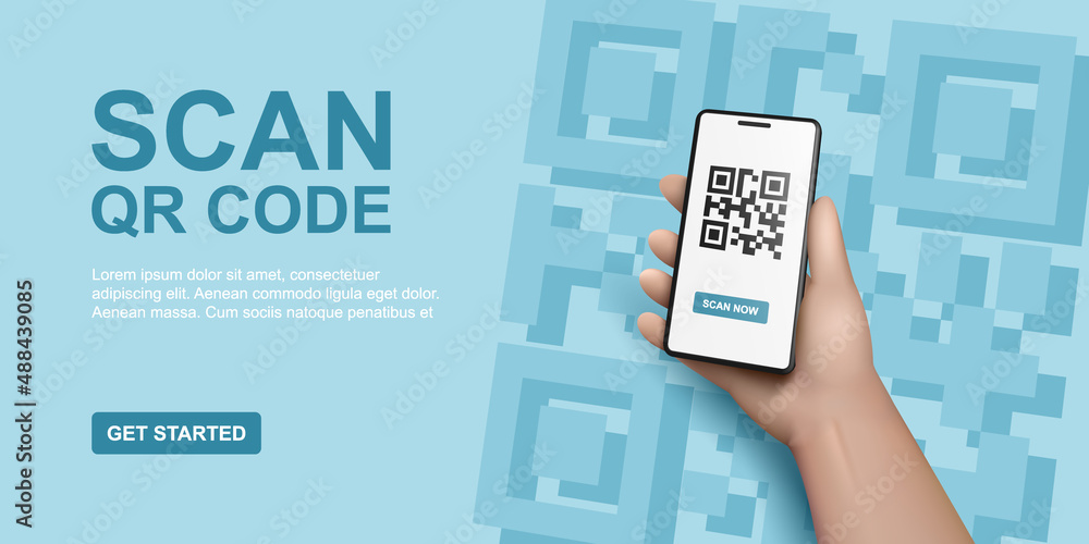 QR code scan service banner. Verification concept. 3d hand with ...