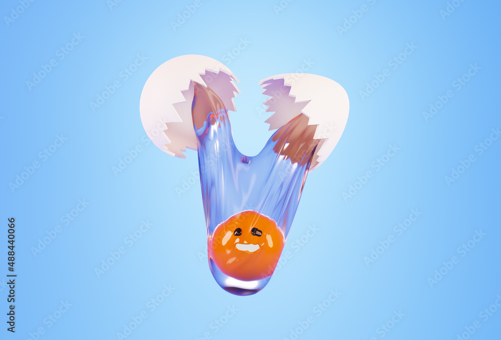 Broken egg and leaking yolk, 3d render. Cartoon raw egg broken in the ...