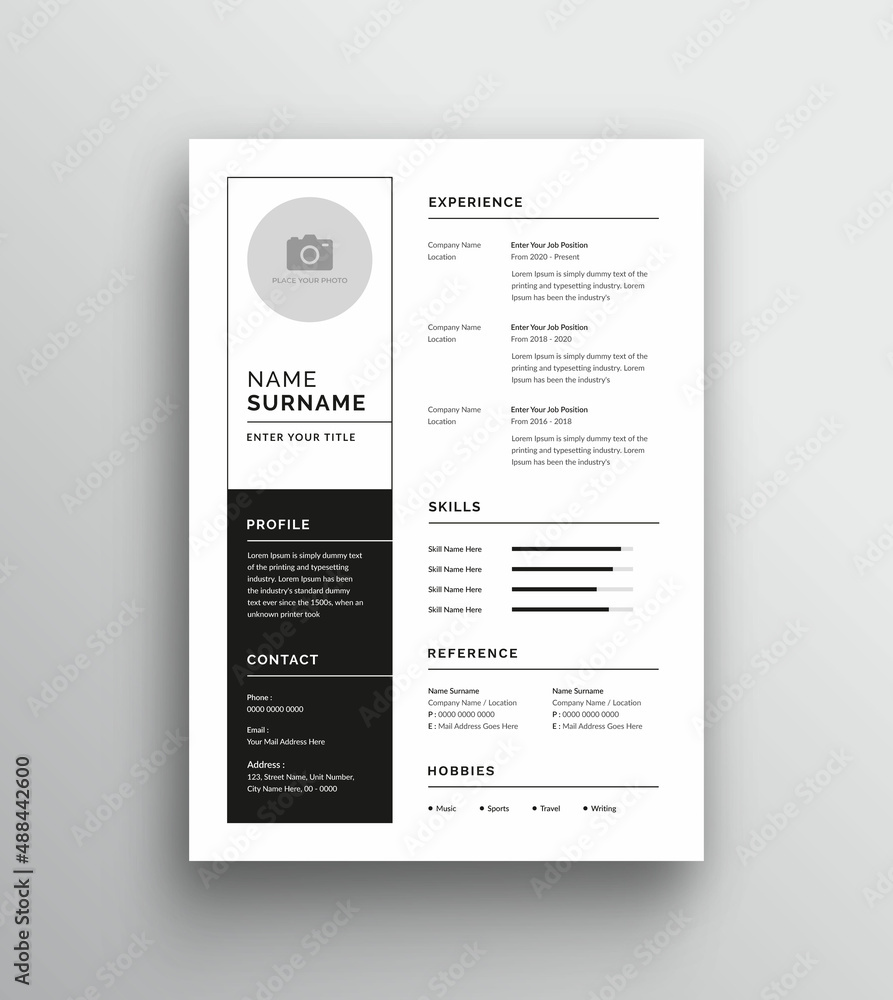 Clean and minimalist resume design | One page black and white cv ...