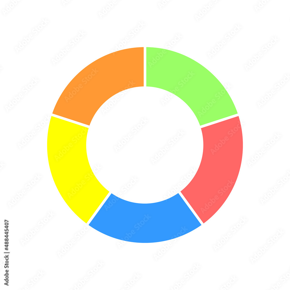 Donut chart. Colorful circle diagram segmented in 5 sections. Infographic wheel icon. Round ...