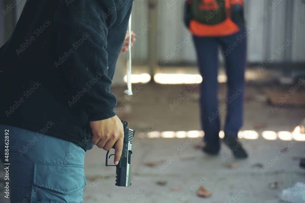 Thief armed man rob woman by gun on street so scared shocked face ...