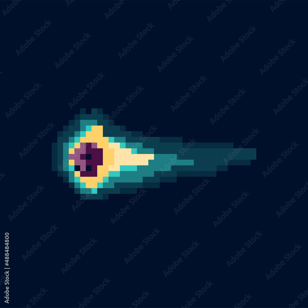 Falling asteroid celestial body in fire, catastrophe disaster in space isolated pixel art sign ...