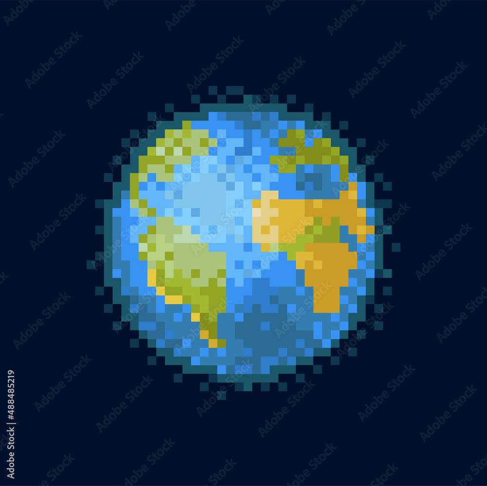 Globe Earth pixel art planet with land, sea and ocean, outer space ...