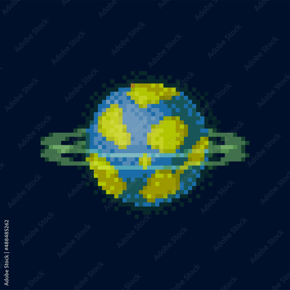 Planet Saturn with rotating gas sphere isolated pixel art outer space ...