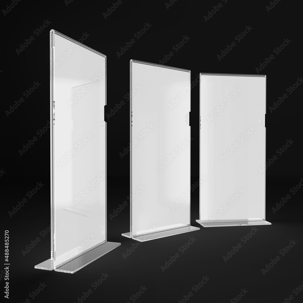 3 DlL Acrylic Brochure Stands with a white paper insert isolated on a ...