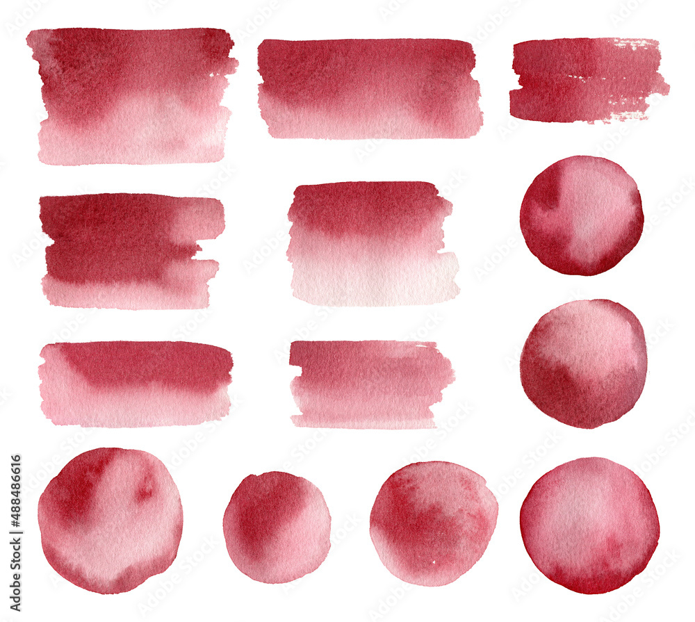 Set of abstract burgundy watercolor stains and brushstrokes isolated on ...