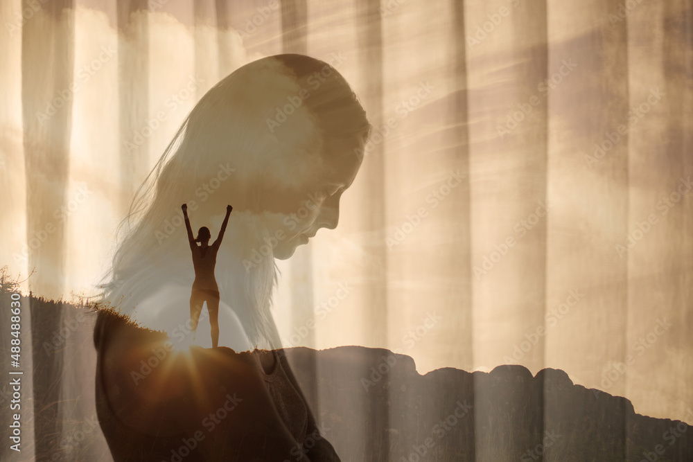 Sad woman becomes happy and free. People letting go of fears, sadness ...