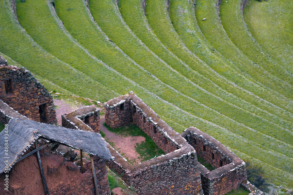 Incan ruins in Pisac (Cusco). Example of Incan architecture located in ...