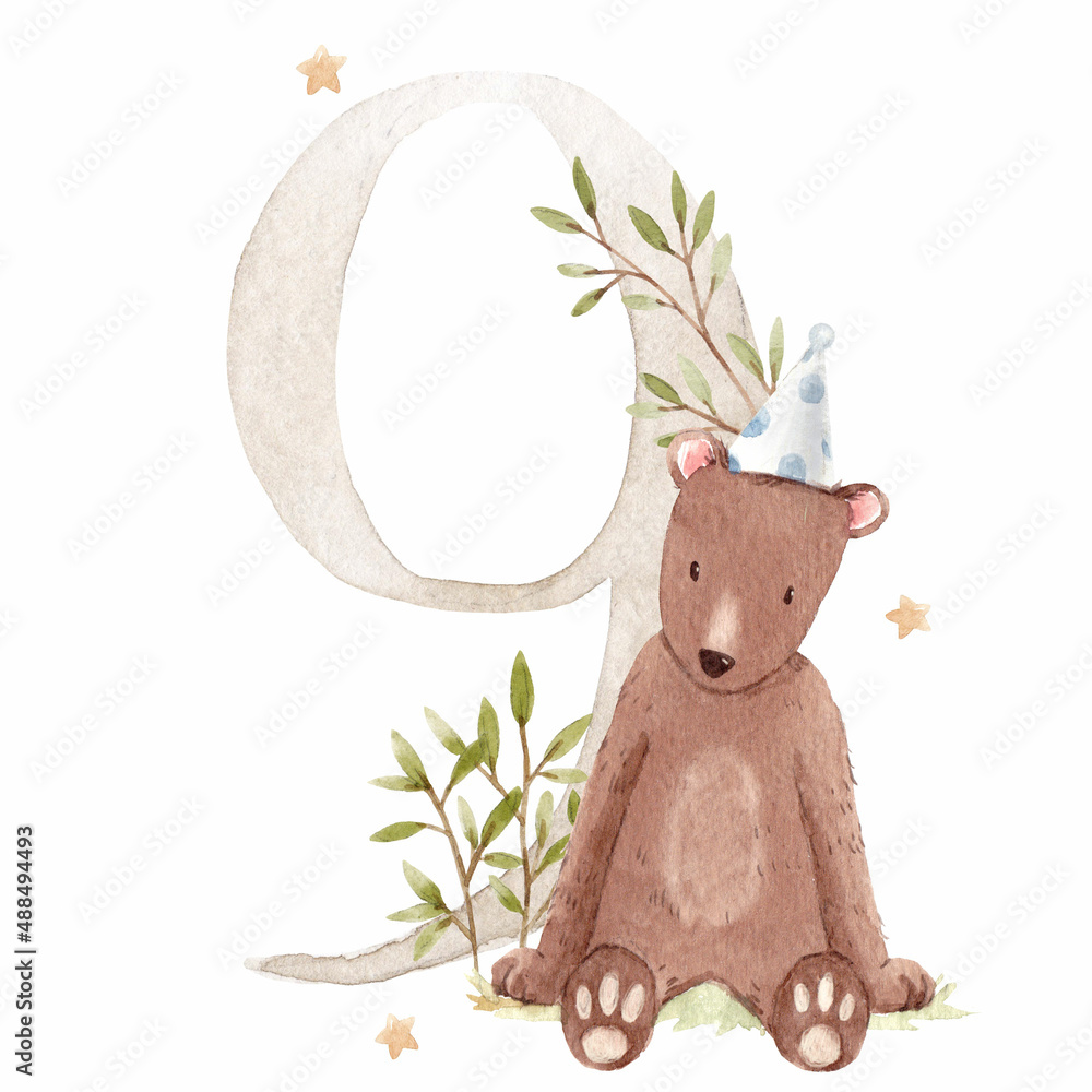 Beautiful stock illustration with watercolor hand drawn number 9 and ...