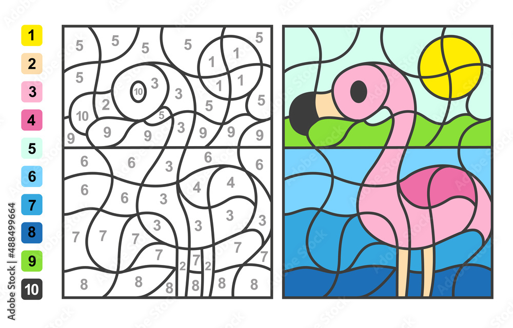 Color by numbers flamingo bird. Puzzle game for children education ...