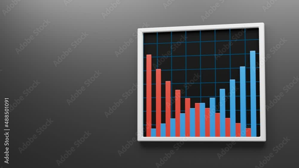 3d render. raising and falling coloured bars of graph animation. Chart ...