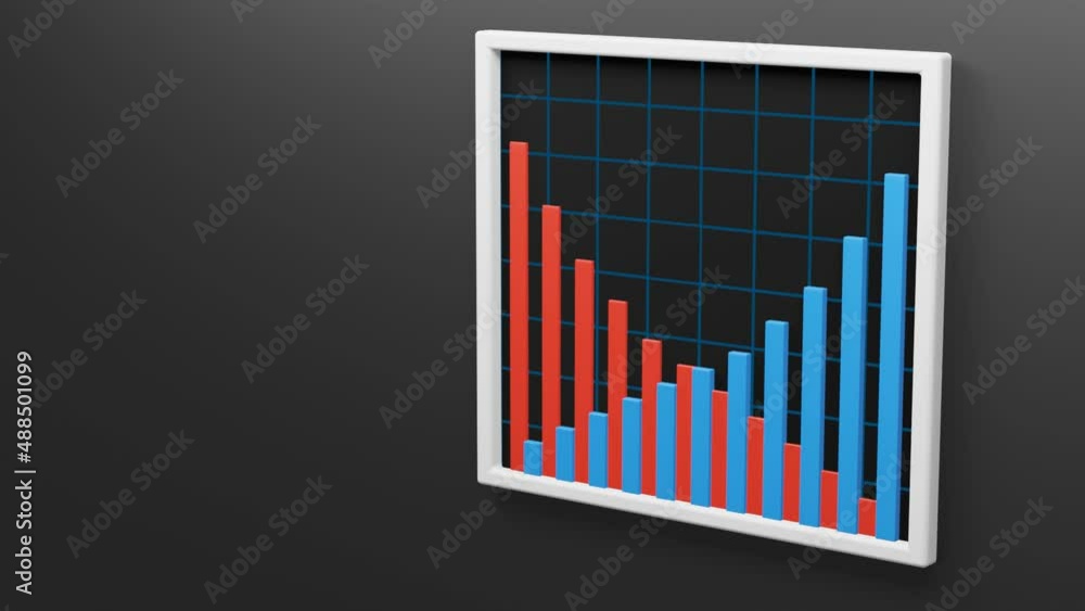 3d render. raising and falling coloured bars of graph animation. Chart ...