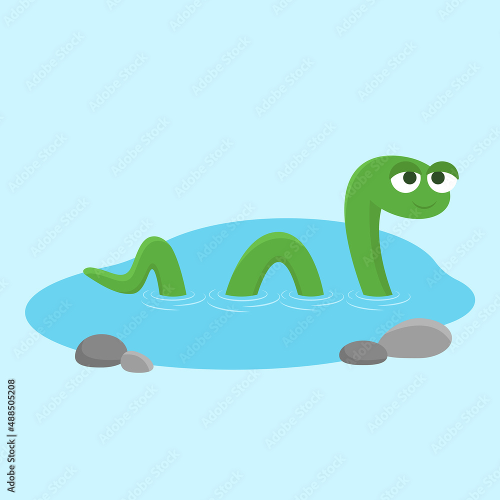 Snake in the water. Cute green snake swimming in the lake or pond. Flat ...