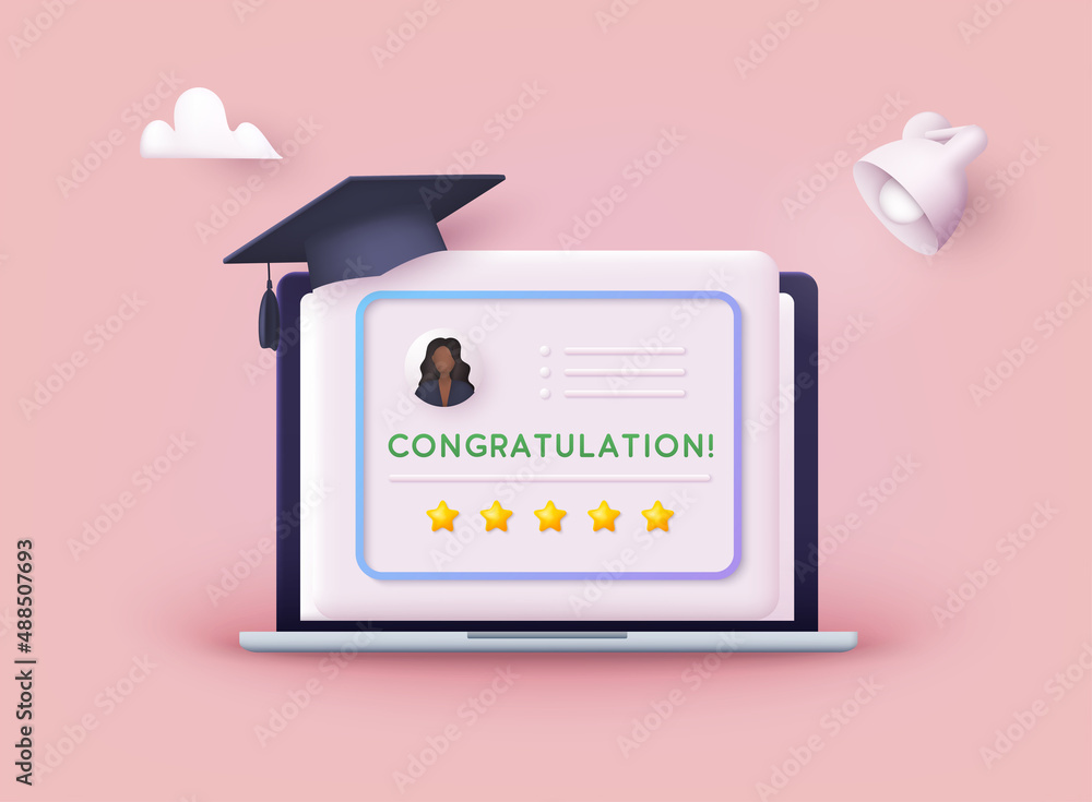 Icon of graduation certificate with cup, diploma. 3D Web Vector ...