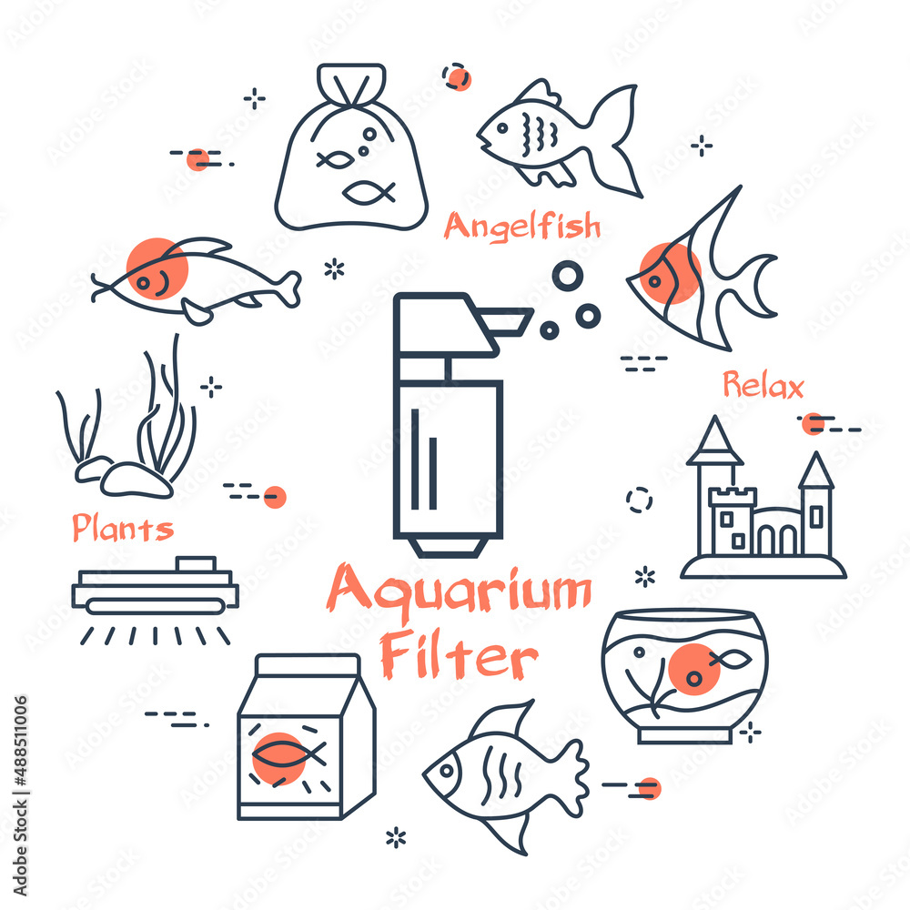 Water filter linear black icon. Set of desgin elements for fish and ...