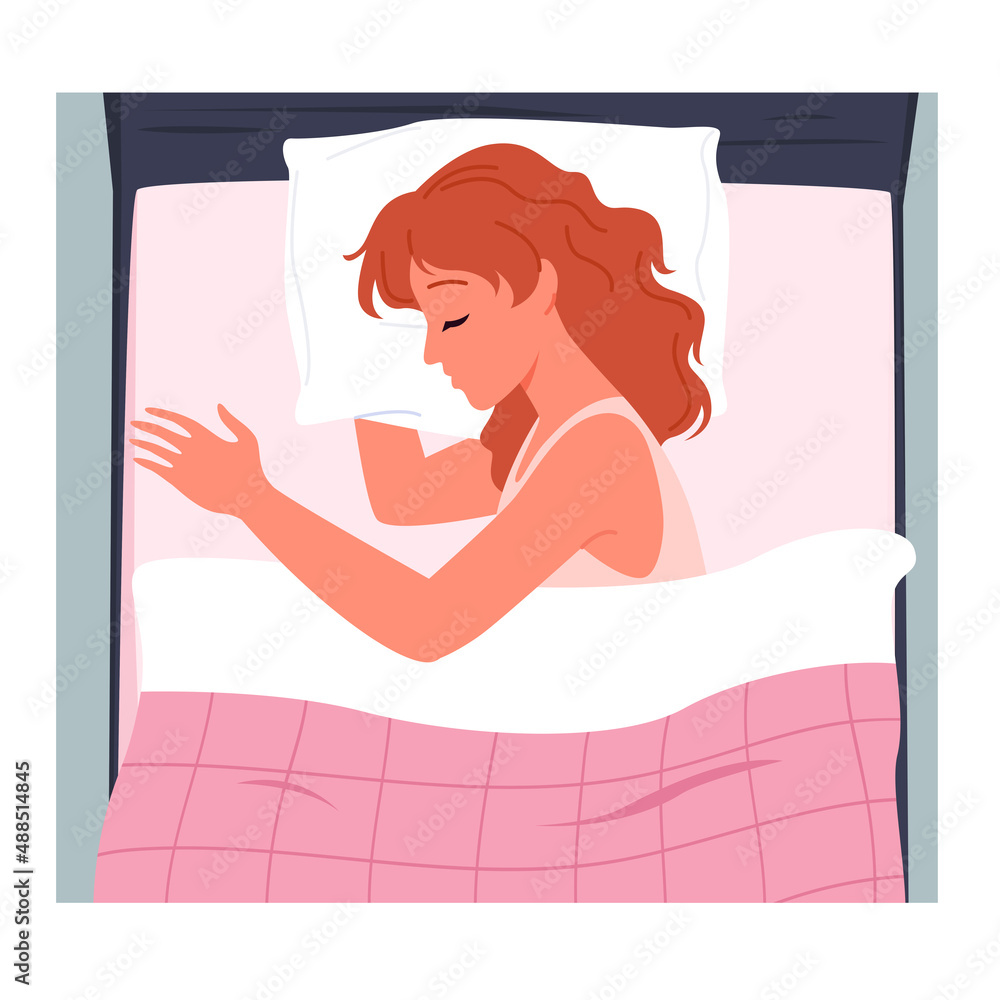 Woman sleeping in comfortable bed, cozy home bedroom top view vector ...