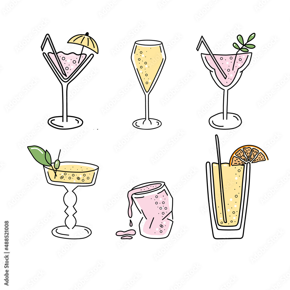Vector set of cocktails. Hand drawn vector illustration is sketch style ...